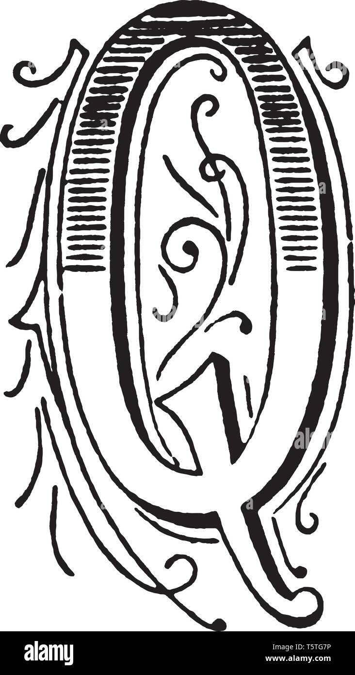 An ornamental and decorative letter Q, vintage line drawing or ...