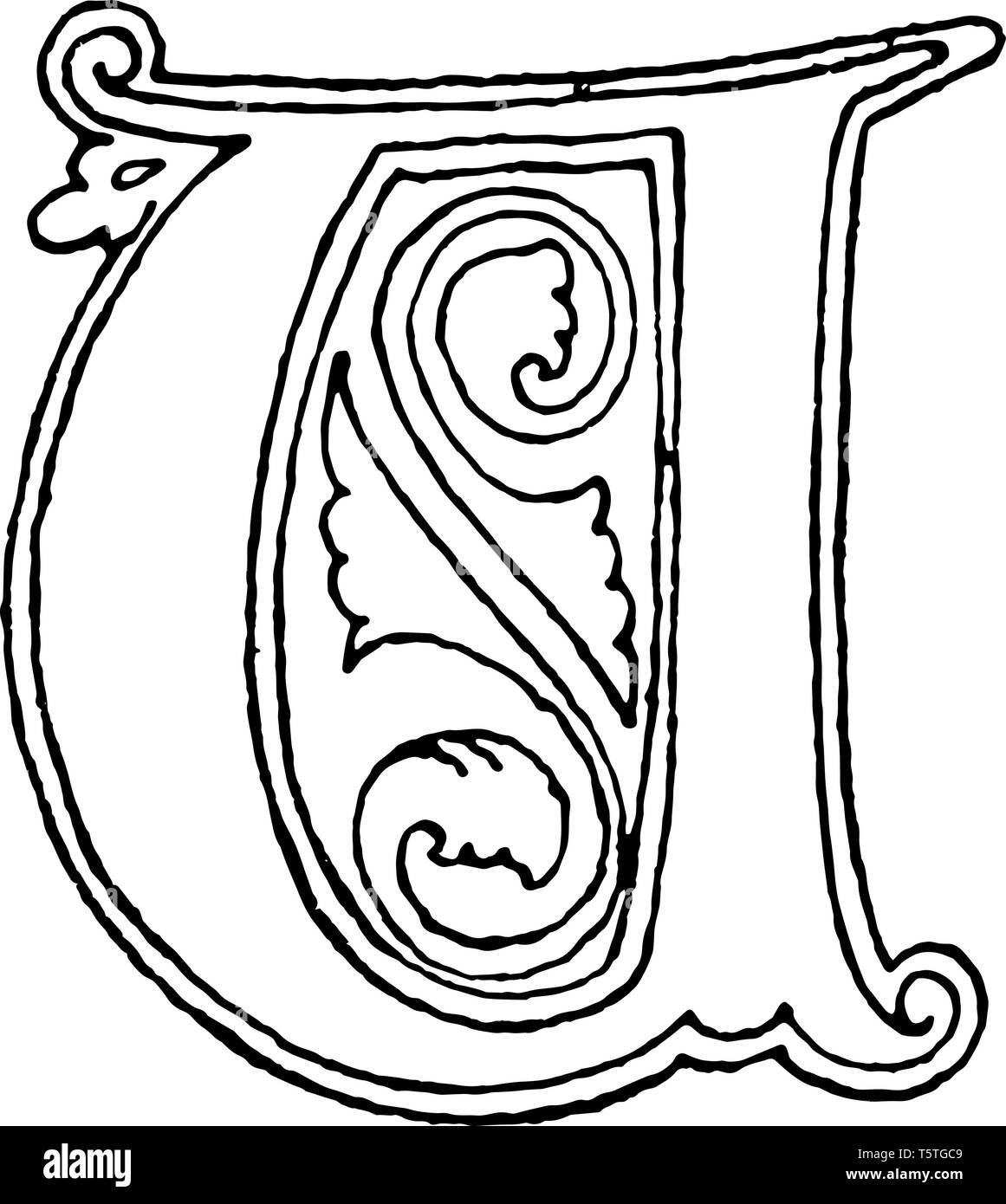 This illustration represents Gothic Uncial of V, vintage line drawing ...