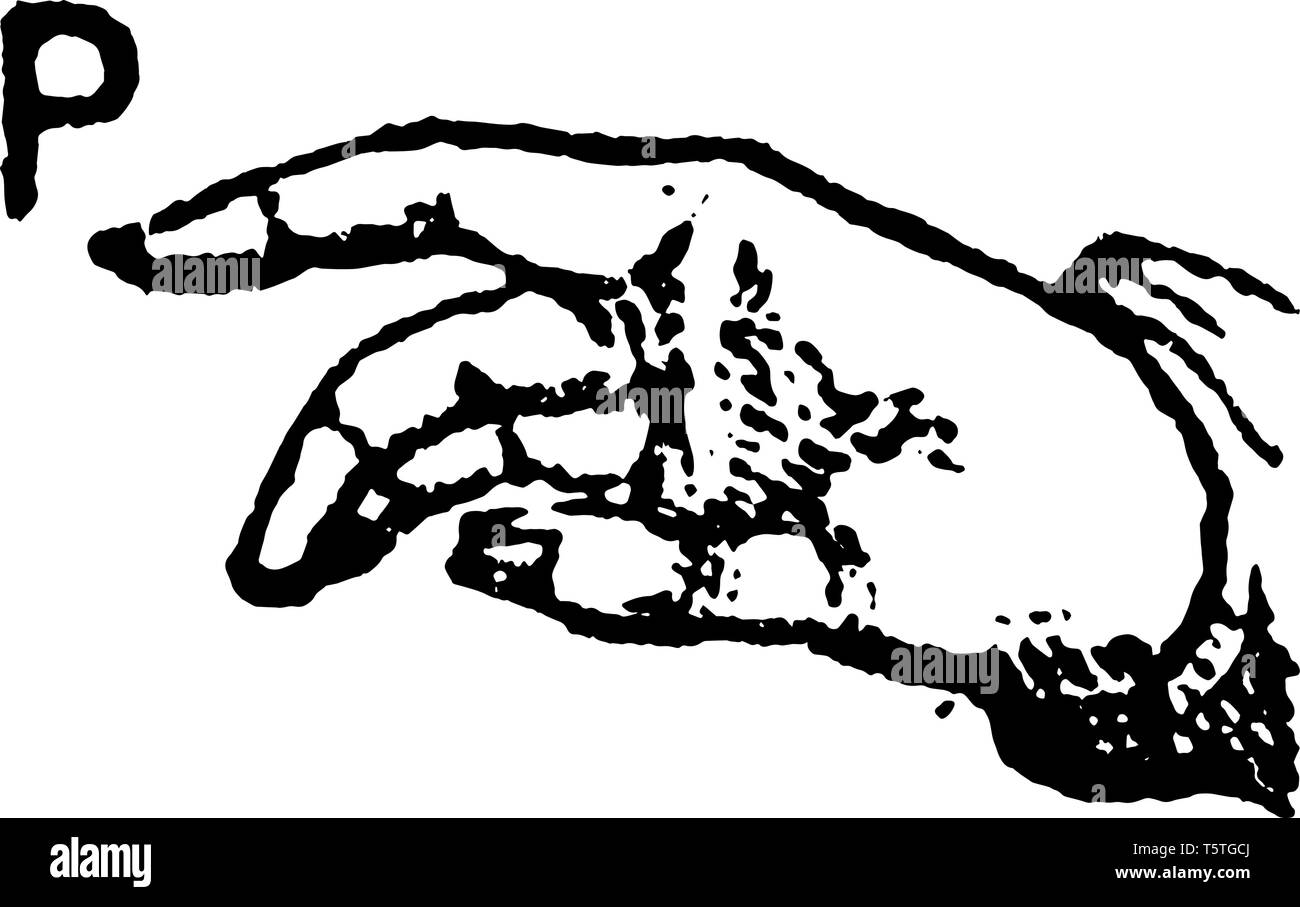 This image represents one handed Sign for P, vintage line drawing or ...