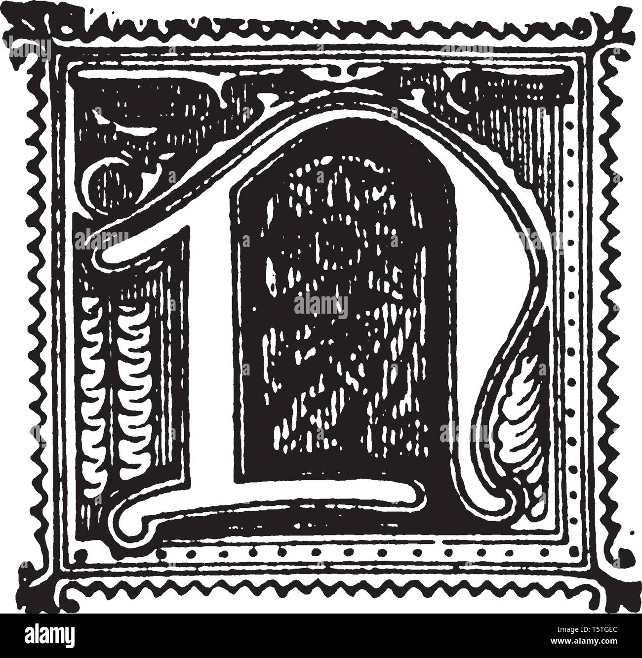 An ornamental and decorative letter N, vintage line drawing or ...