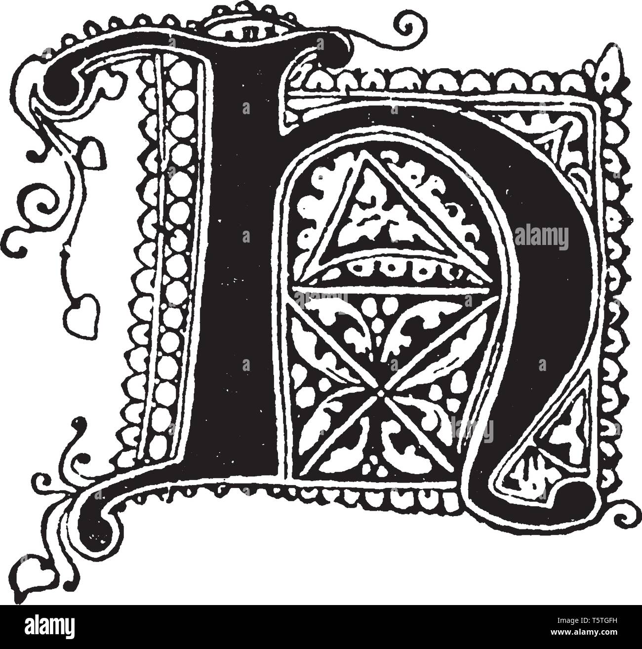 A letter H in gothic uncial, vintage line drawing or engraving ...