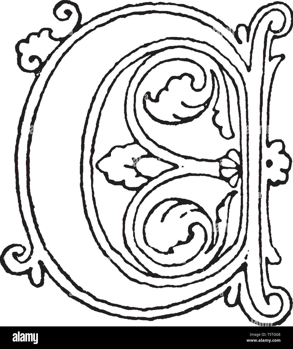 A letter C in Gothic Uncial, vintage line drawing or engraving ...