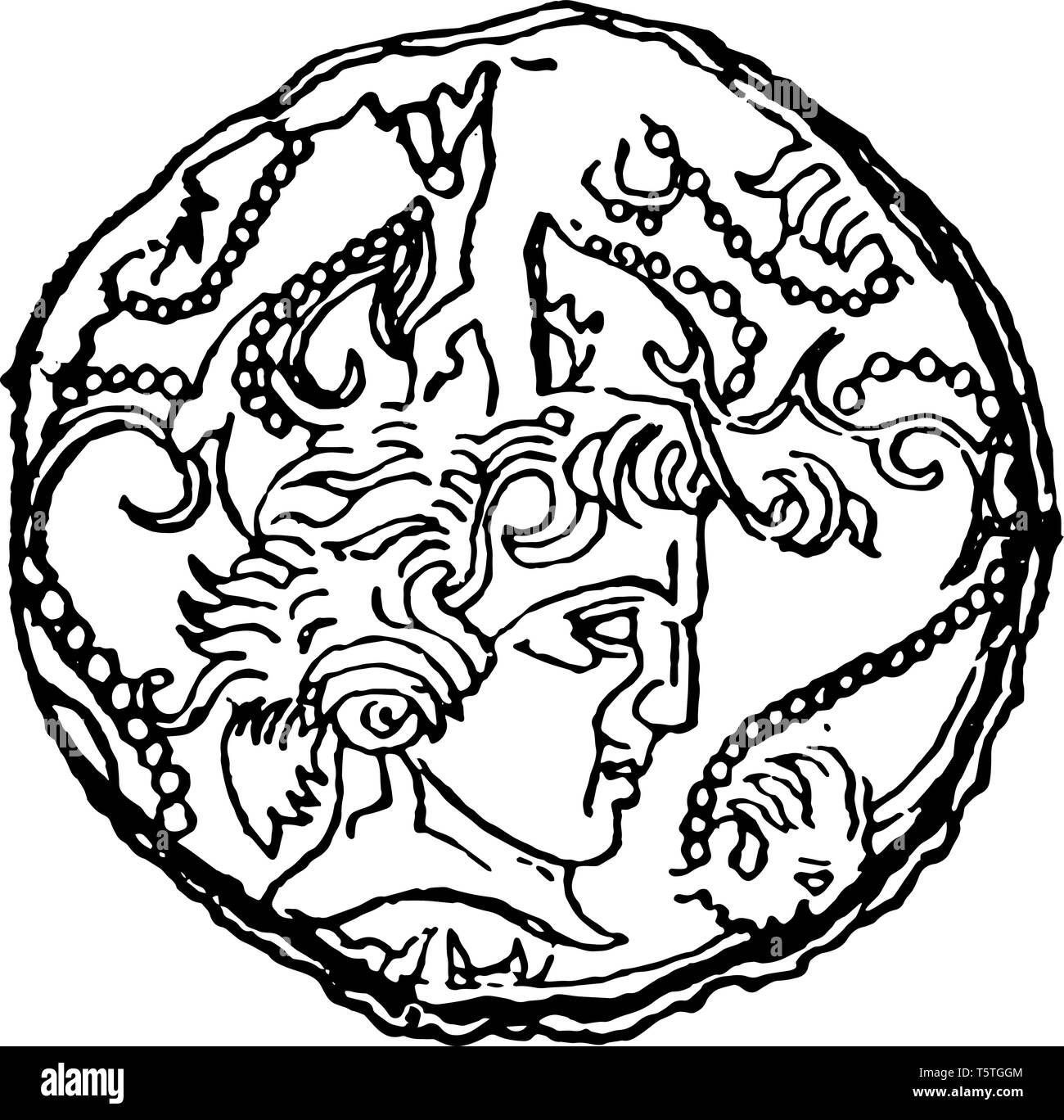 Embossed coin with an emperor bust, vintage line drawing or engraving ...