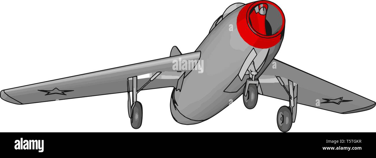 Grey jet plane with three landing wheels and red nose vectore ...