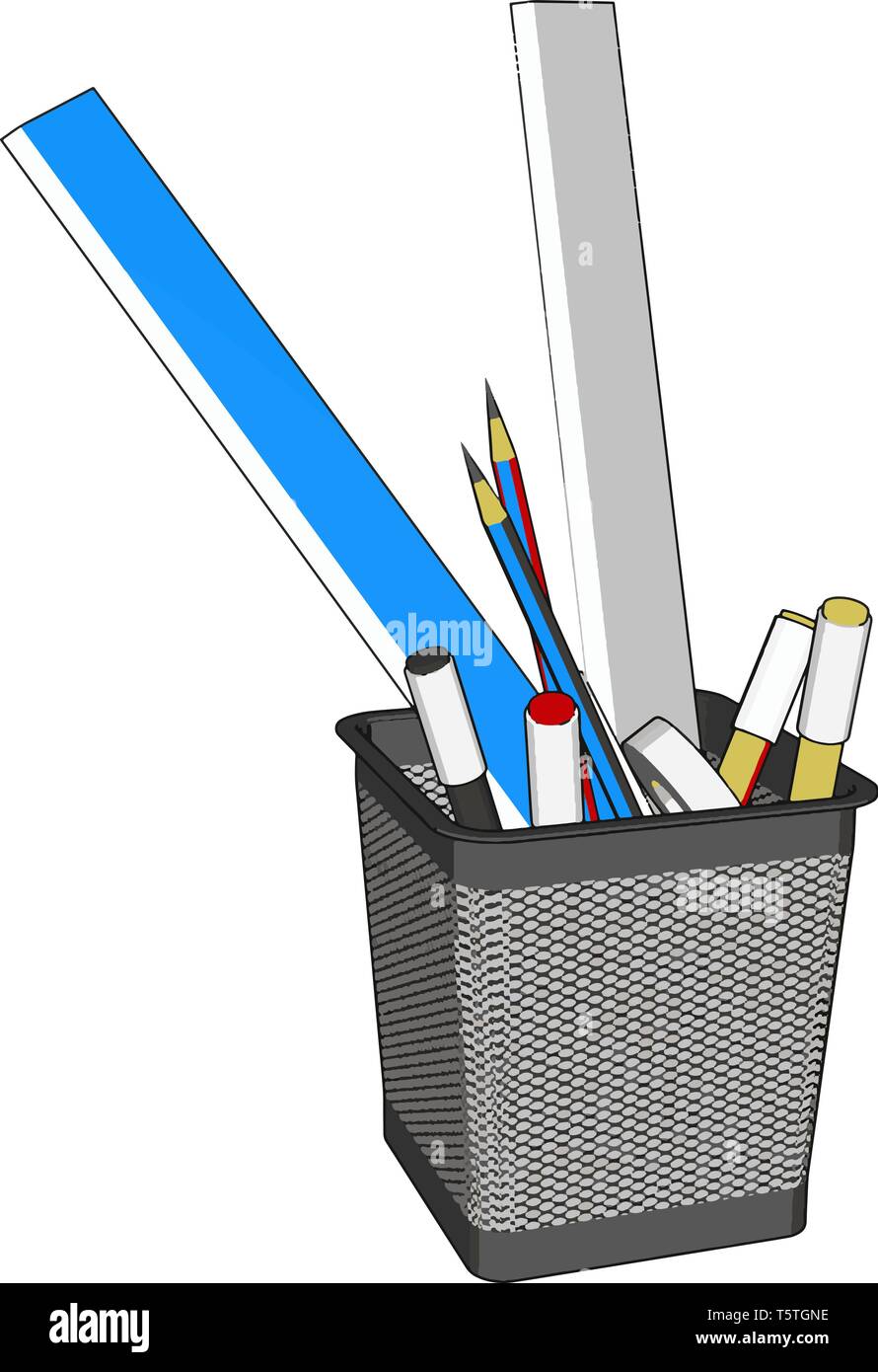 Wire pen cup with rulers and several pens and penciles vector ...
