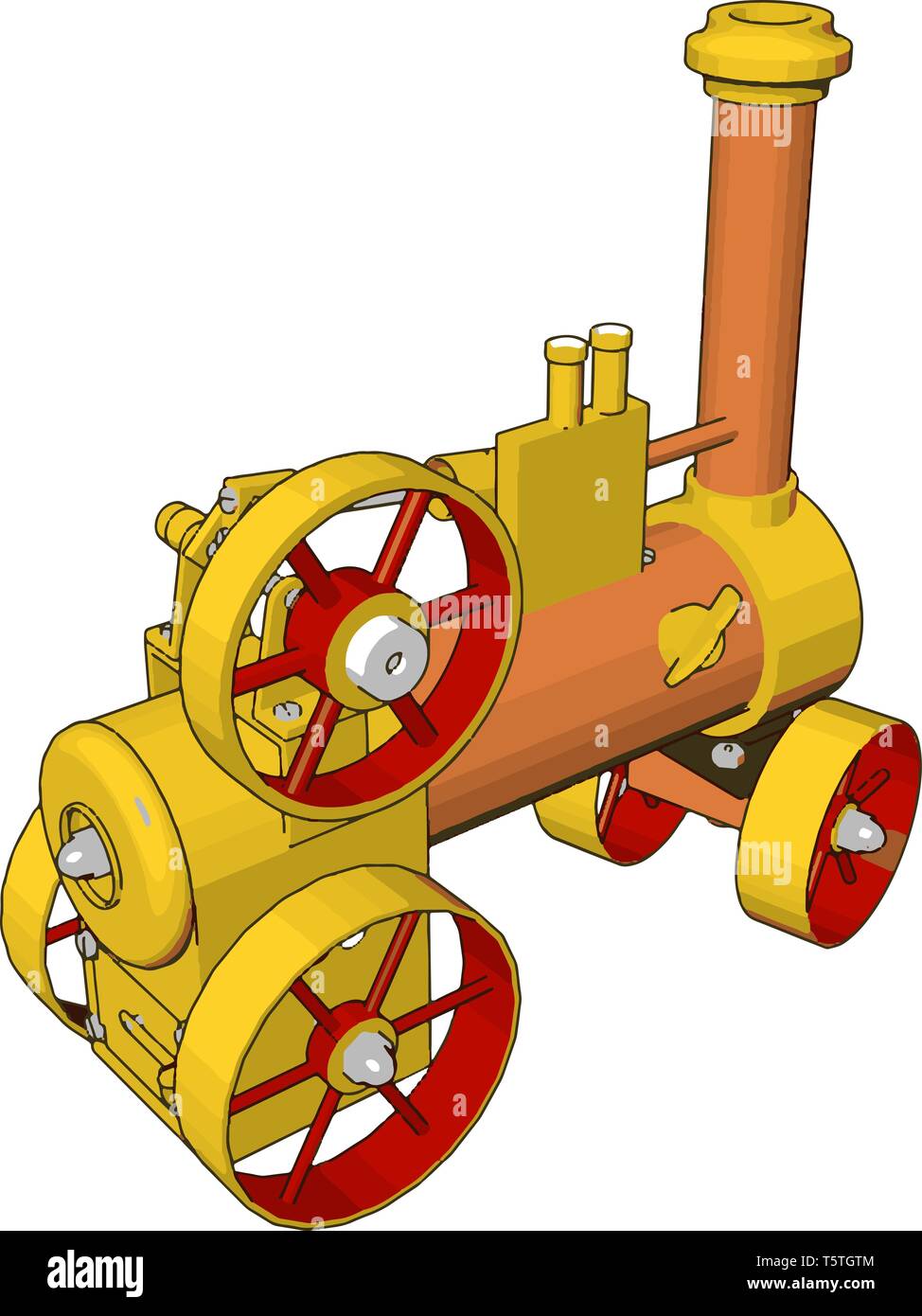 3D vector illustration of yellow and orange steam engine machine on ...