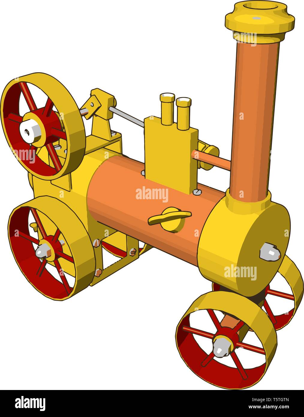 3D vector illustration of yellow and orange steam engine machine on ...