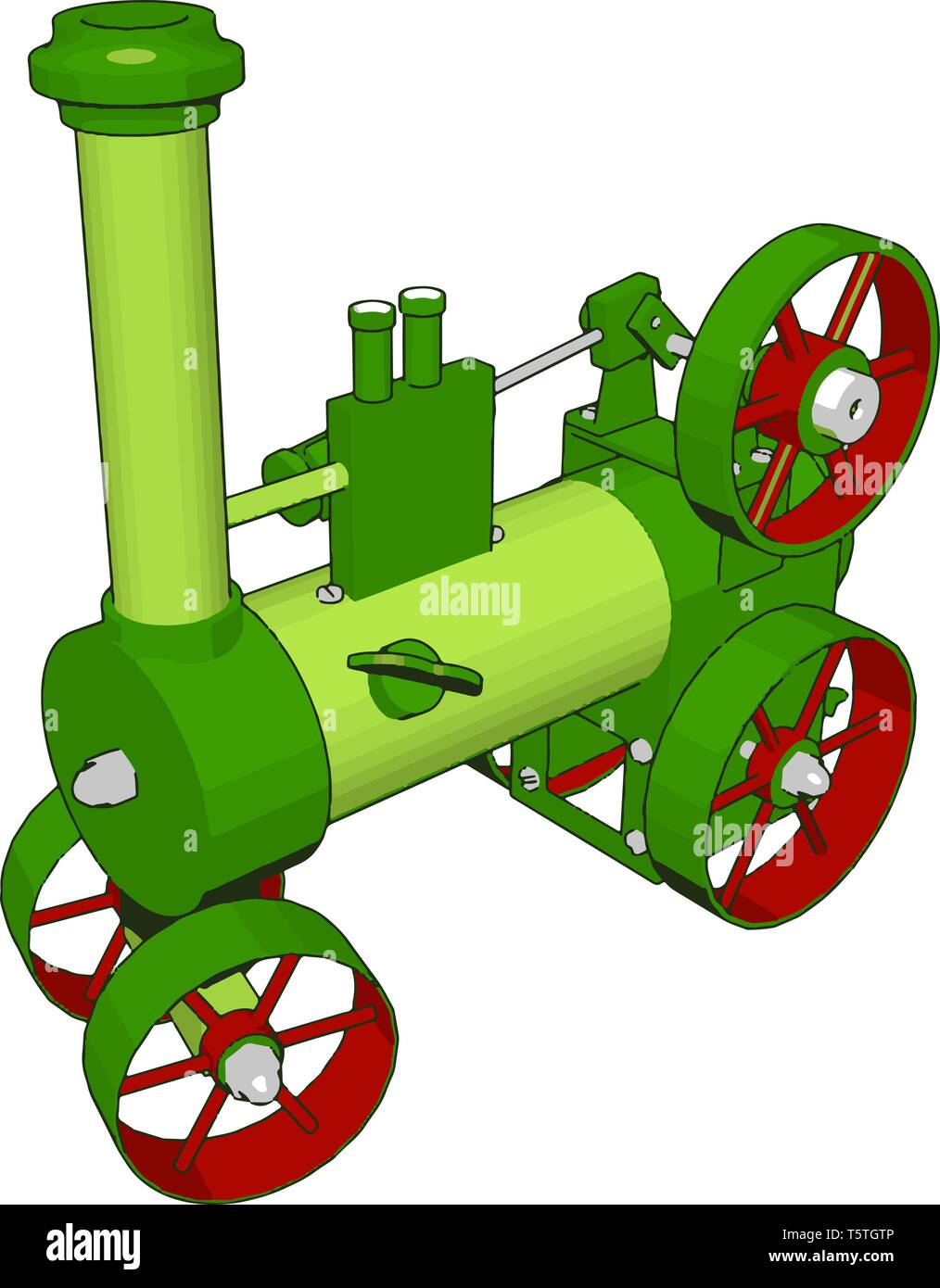 3D vector illustration of green steam engine machine on white ...