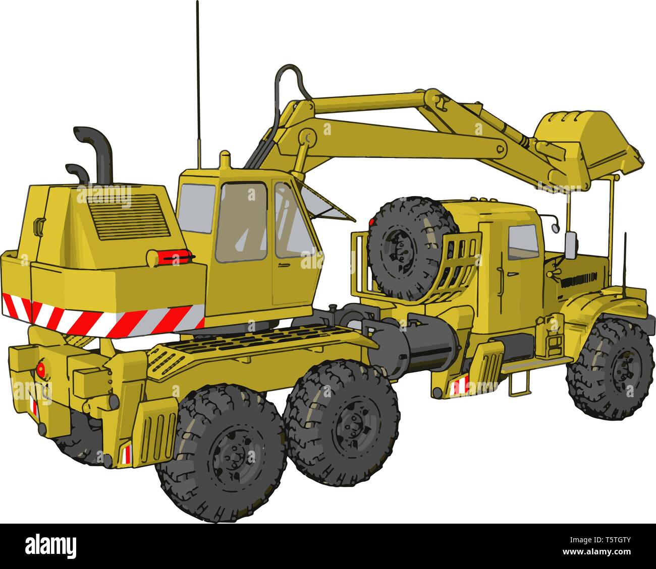 3D vector illustration of yellow big excavator machine on white ...