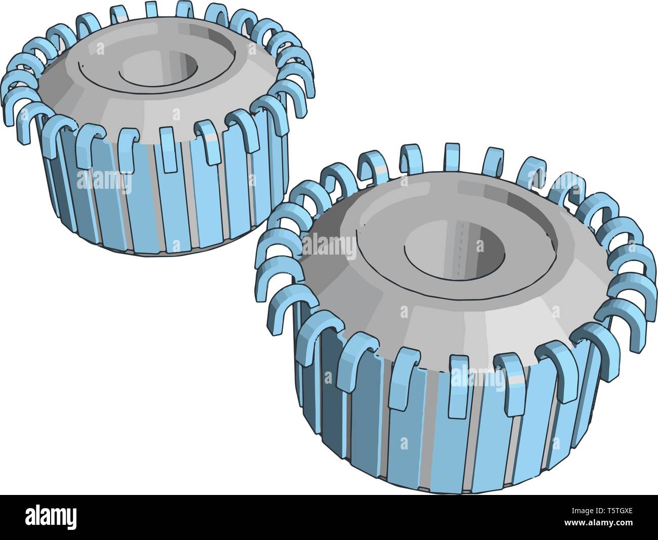 3D vector illustration on white background of two blue and grey gear ...