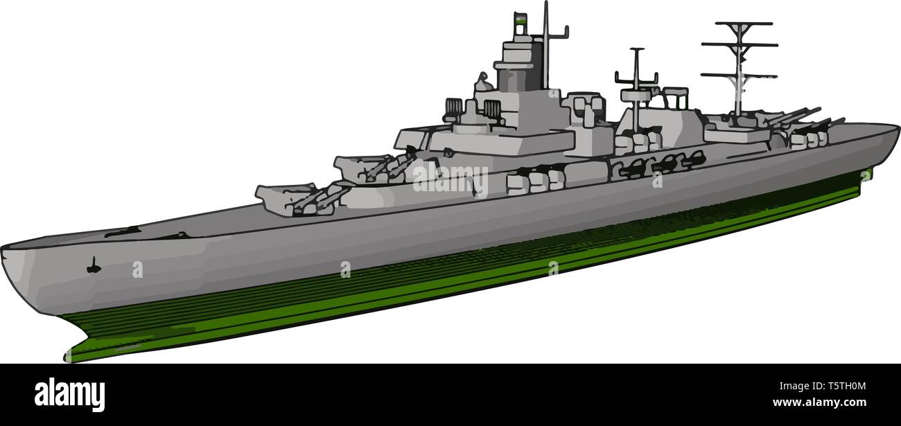 3D vector illustration side view of a military war ship on a white ...