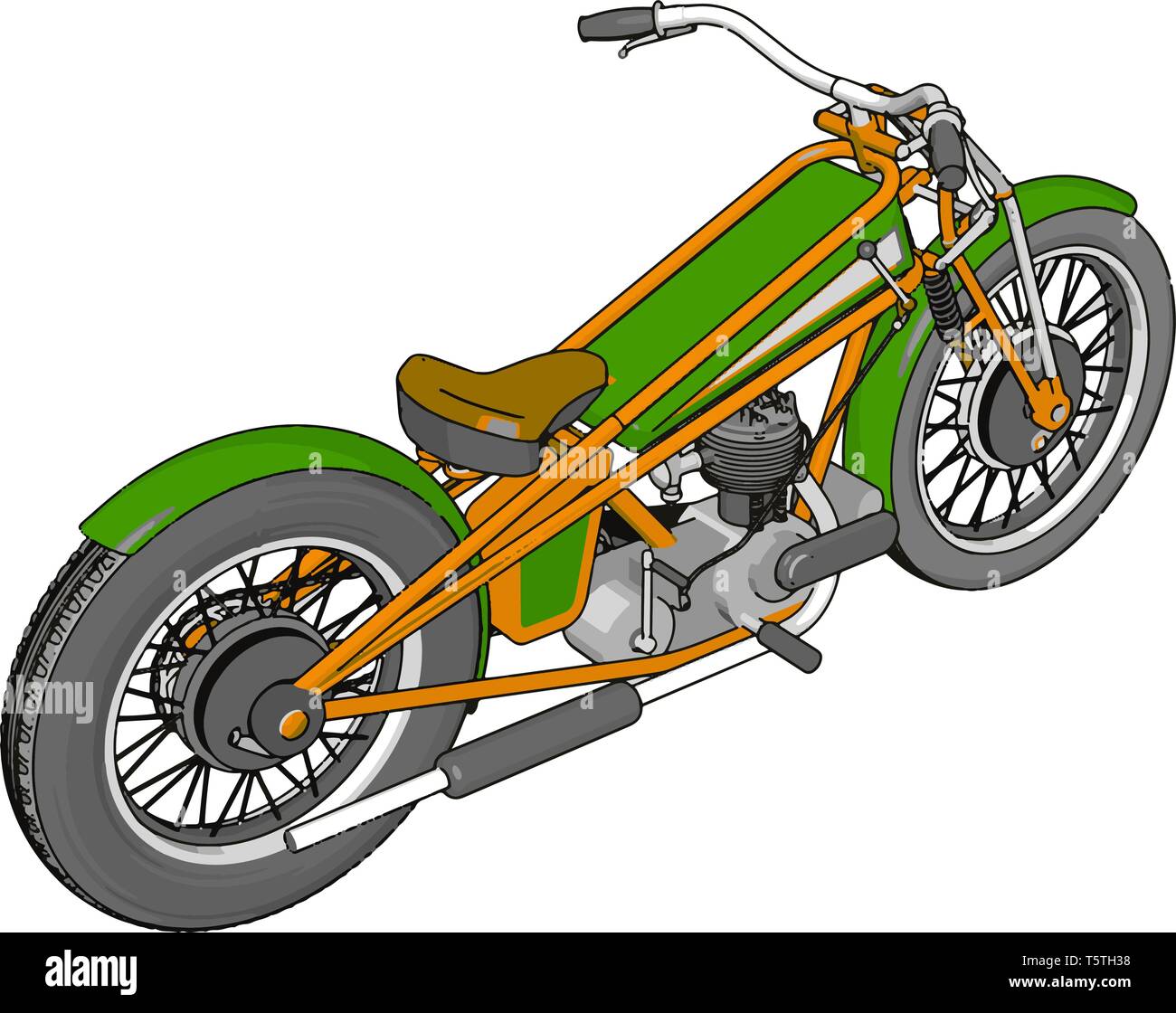 3D vector illustration of a green and yellow vintage chopper motorcycle ...