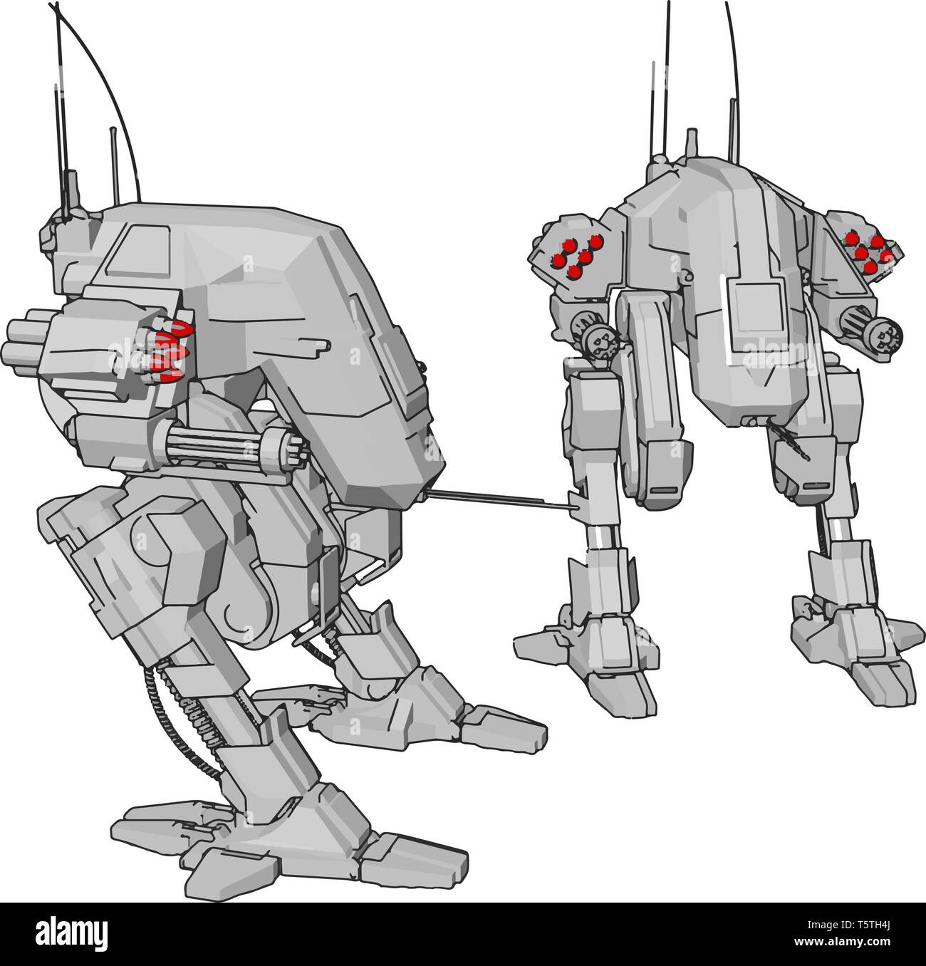 Simple cartoon of two grey robots with red missil heads vector ...