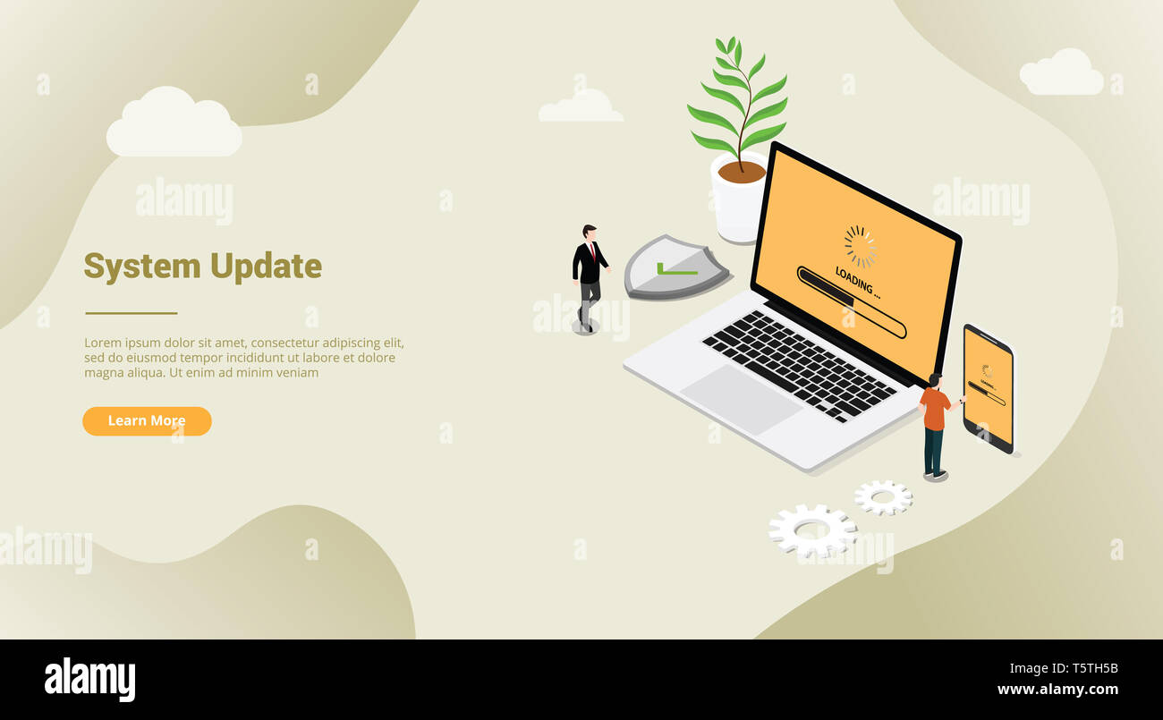 isometric 3d system update security patch concept with laptop and smartphone for website ...