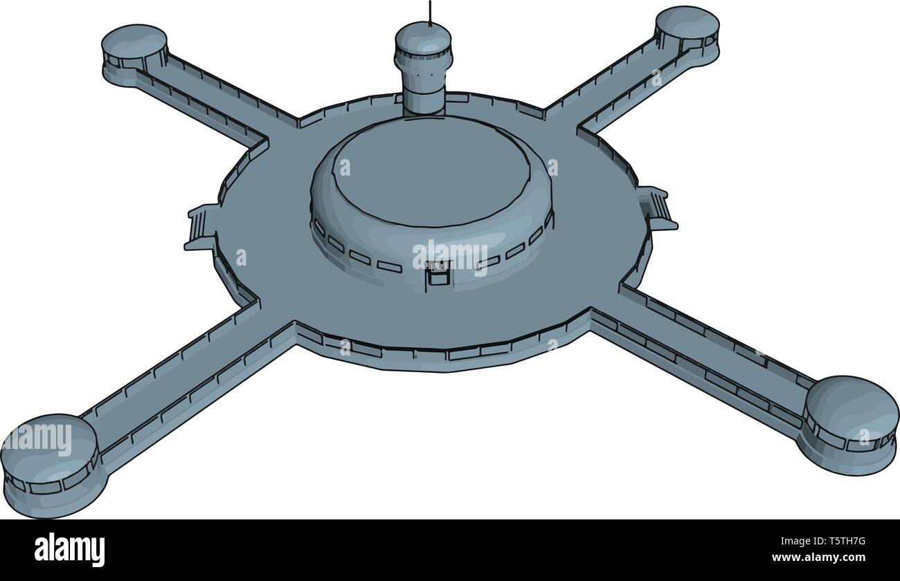 Grey cross-shaped spaceship vector illustration on white background ...