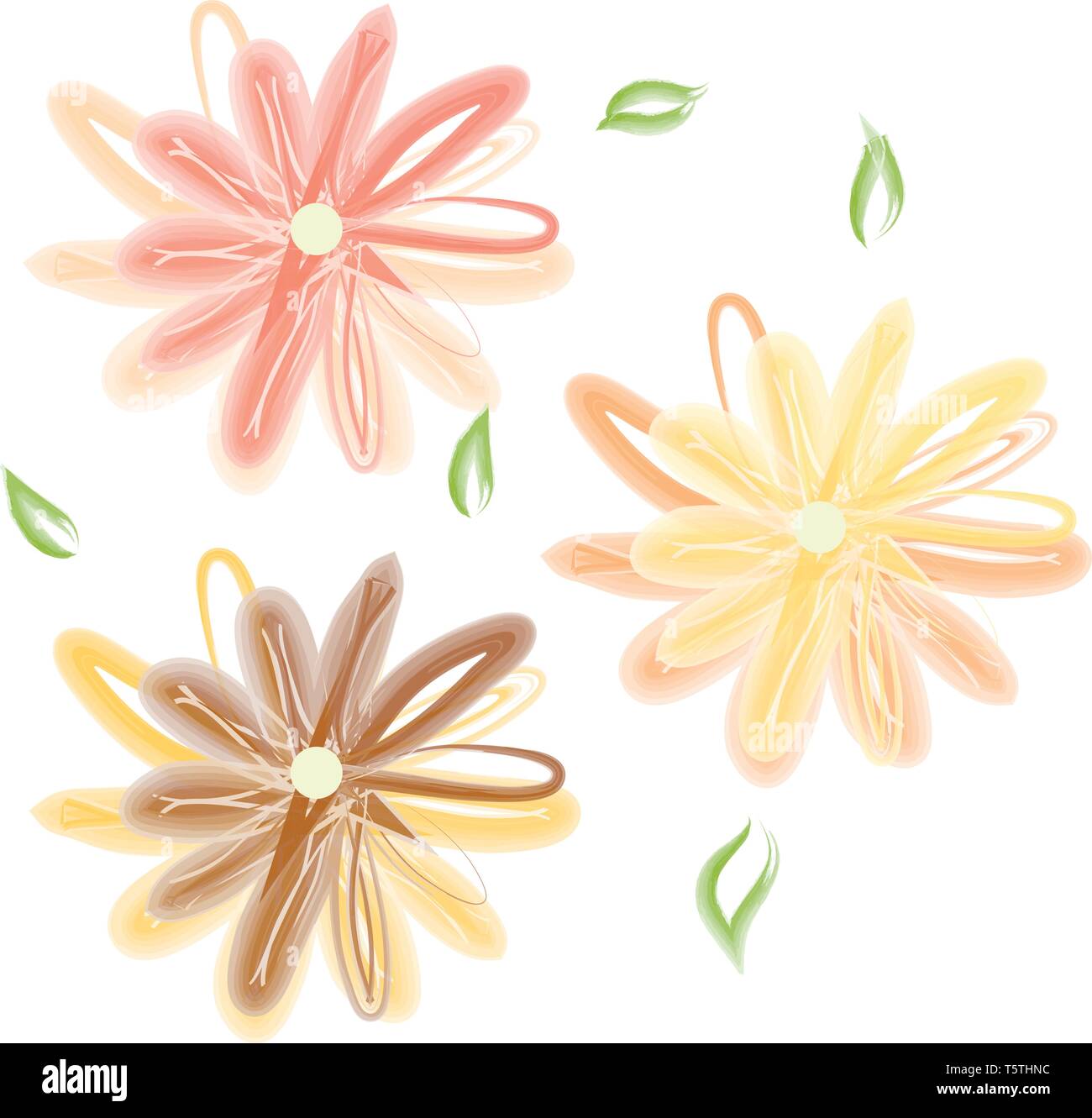 Three blooming flowers surrounded by leaves vector color drawing or ...
