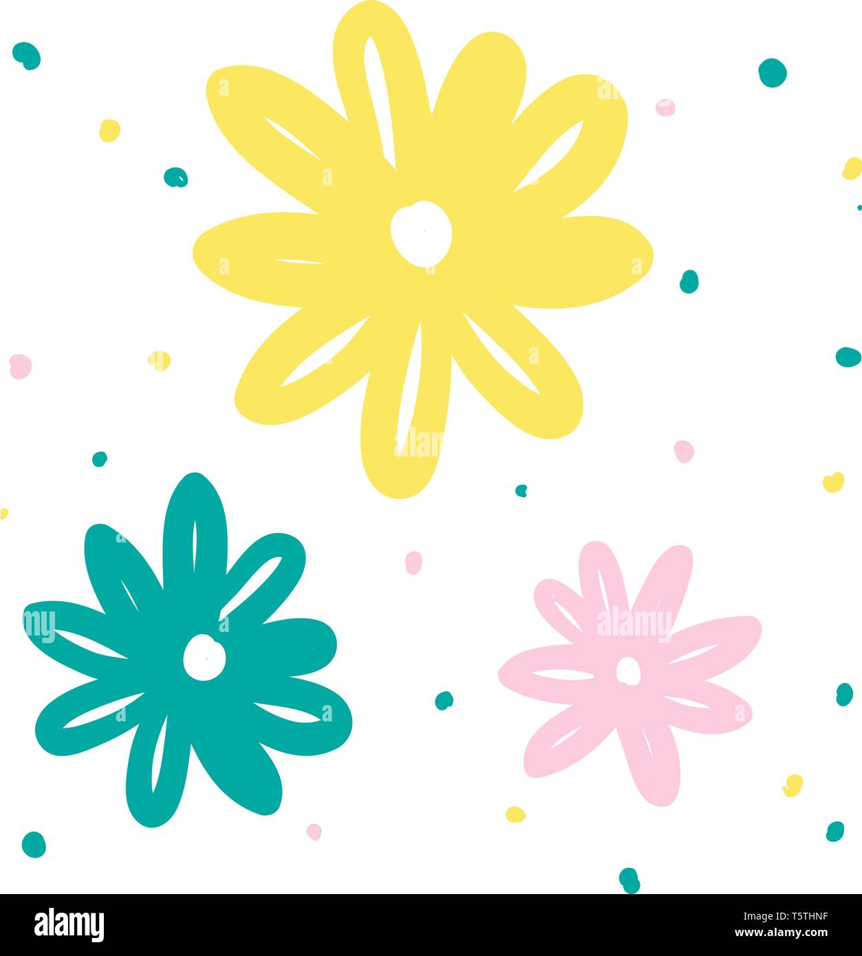 A doodle of green yellow and pink daisy flowers having oval shaped ...