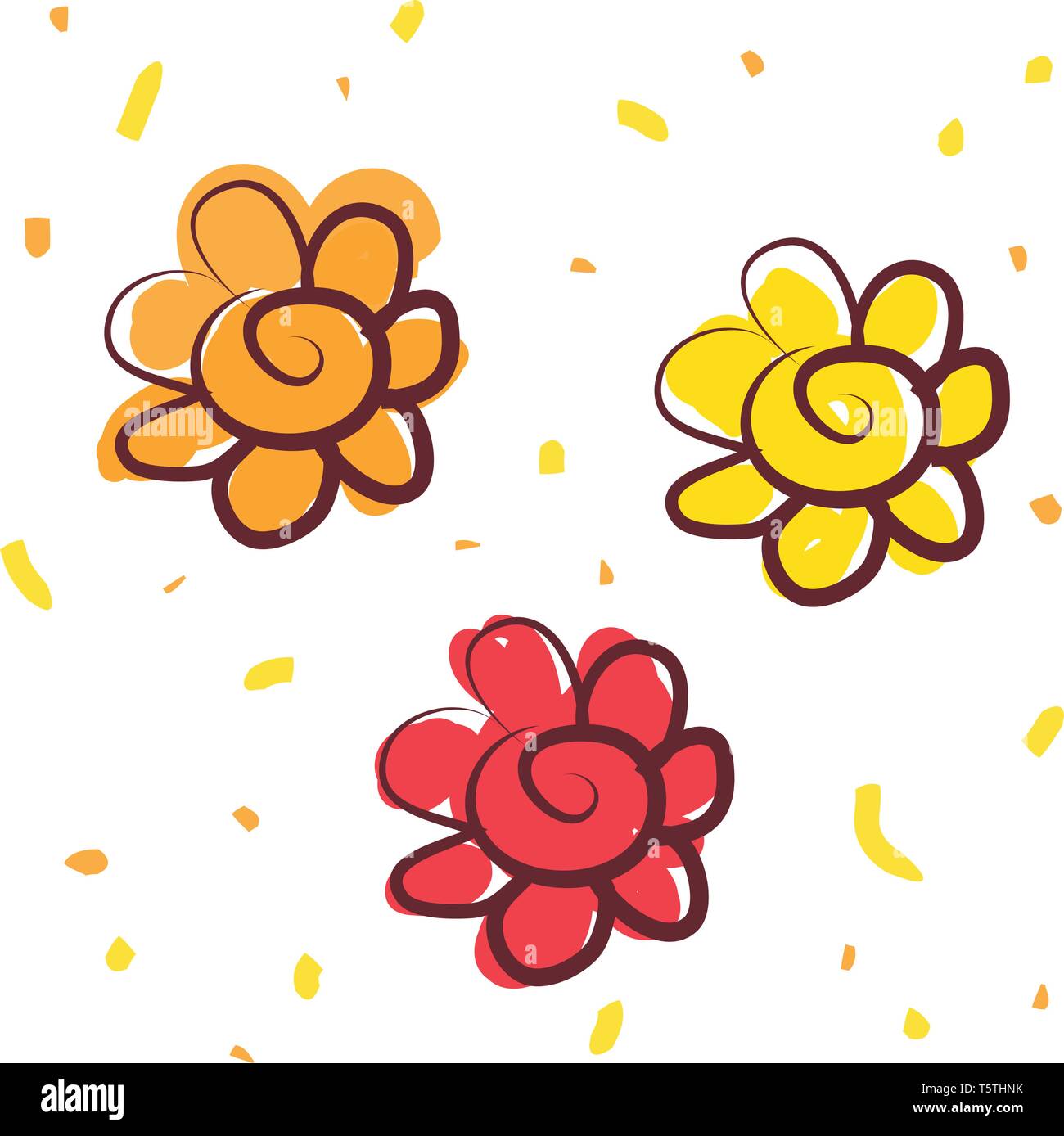 An image of three seven petalled flowers of red yellow and orange color ...