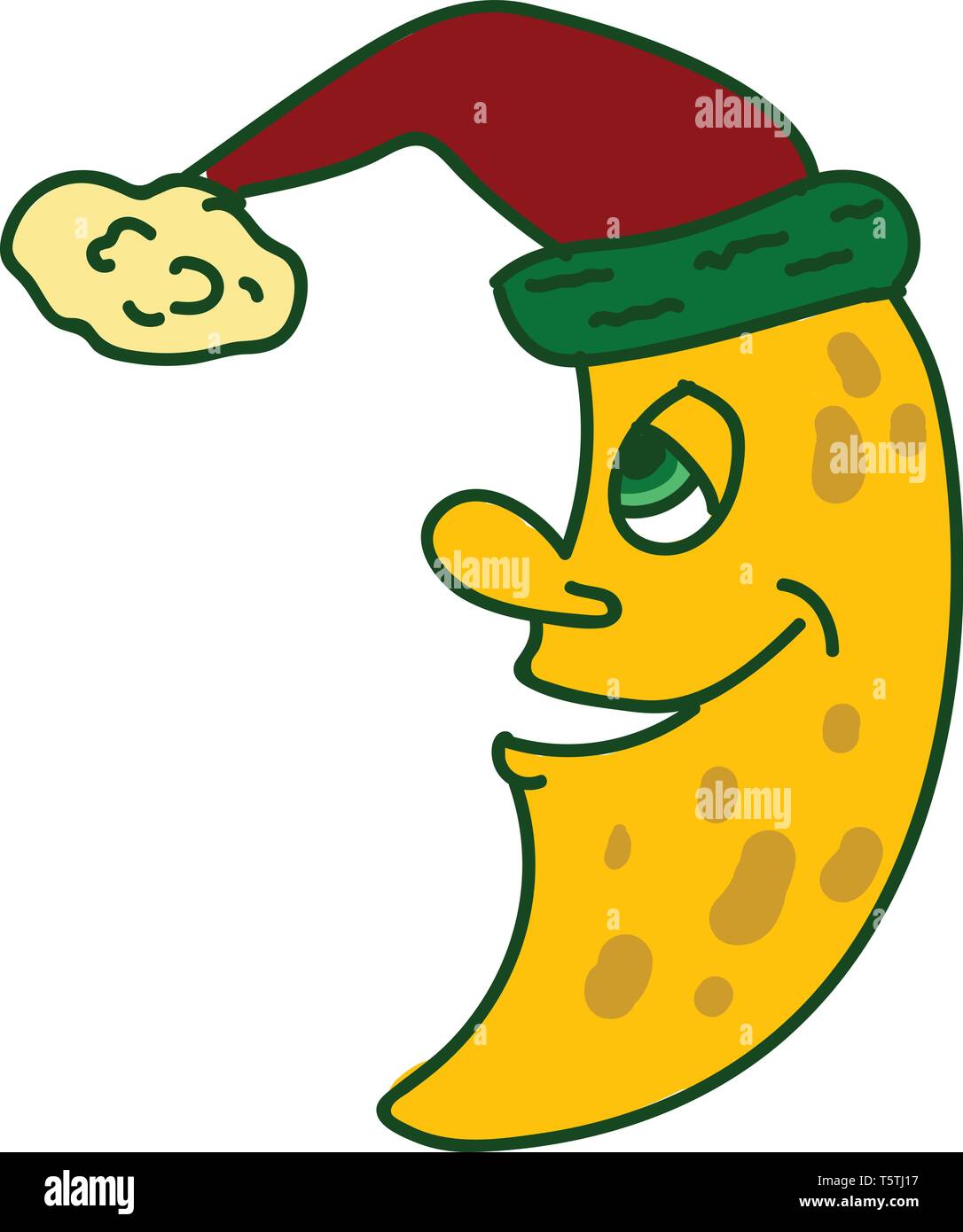 A crescent shaped green eyed moon wearing a red stocking cap vector ...