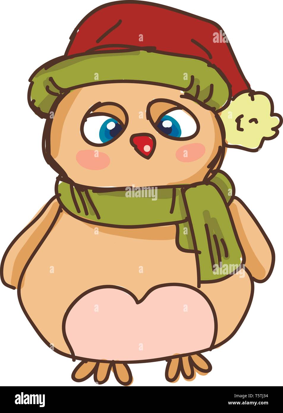 A grumpy owl wearing a green muffler and a red stocking hat vector ...