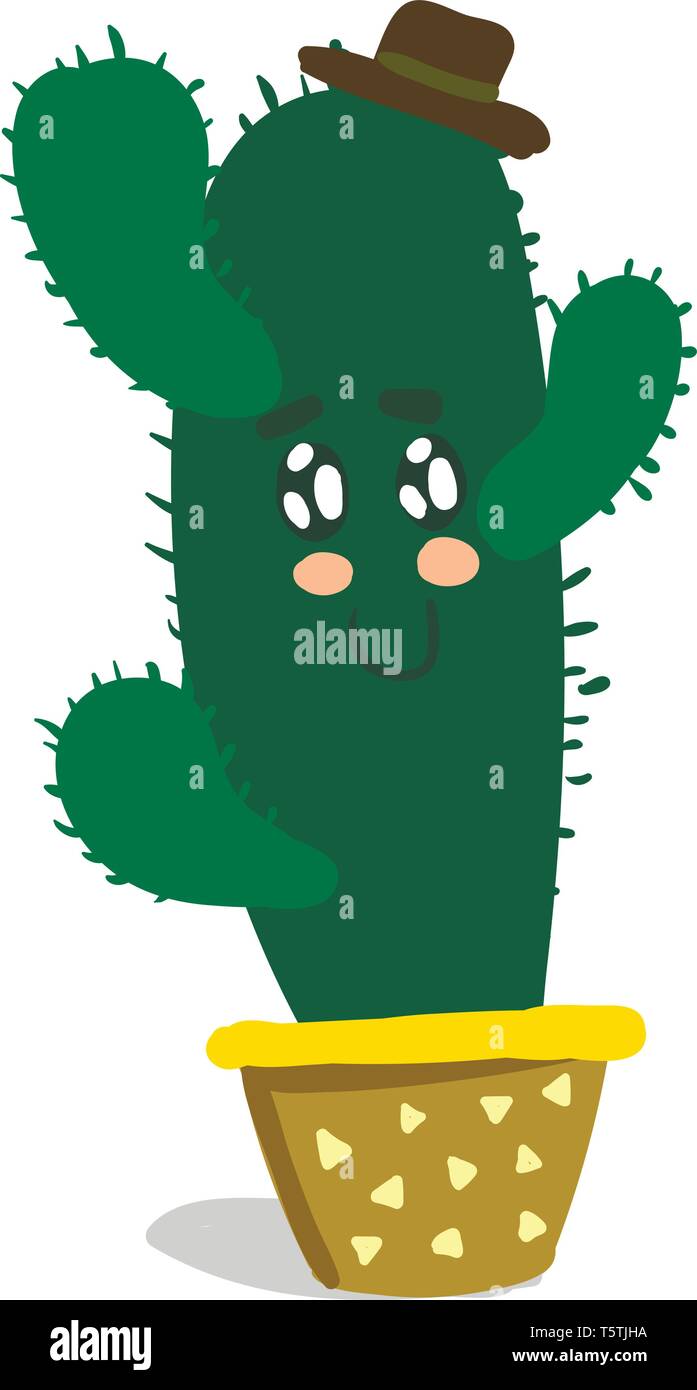 Cactus plant wearing round top hat vector or color illustration Stock ...