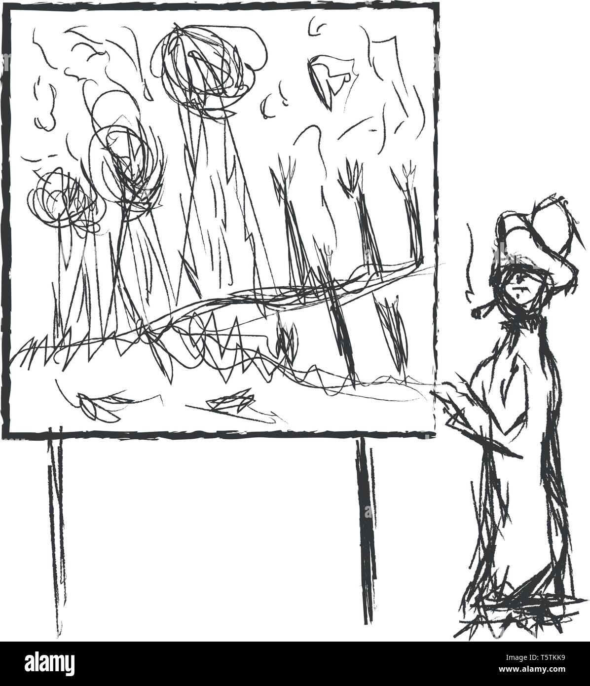 A black-colored ink drawing of a painter along with her painting ...