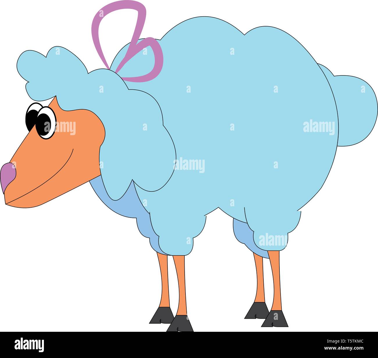 A cute little blue lamb wearing a purple ribbon around its neck has a ...