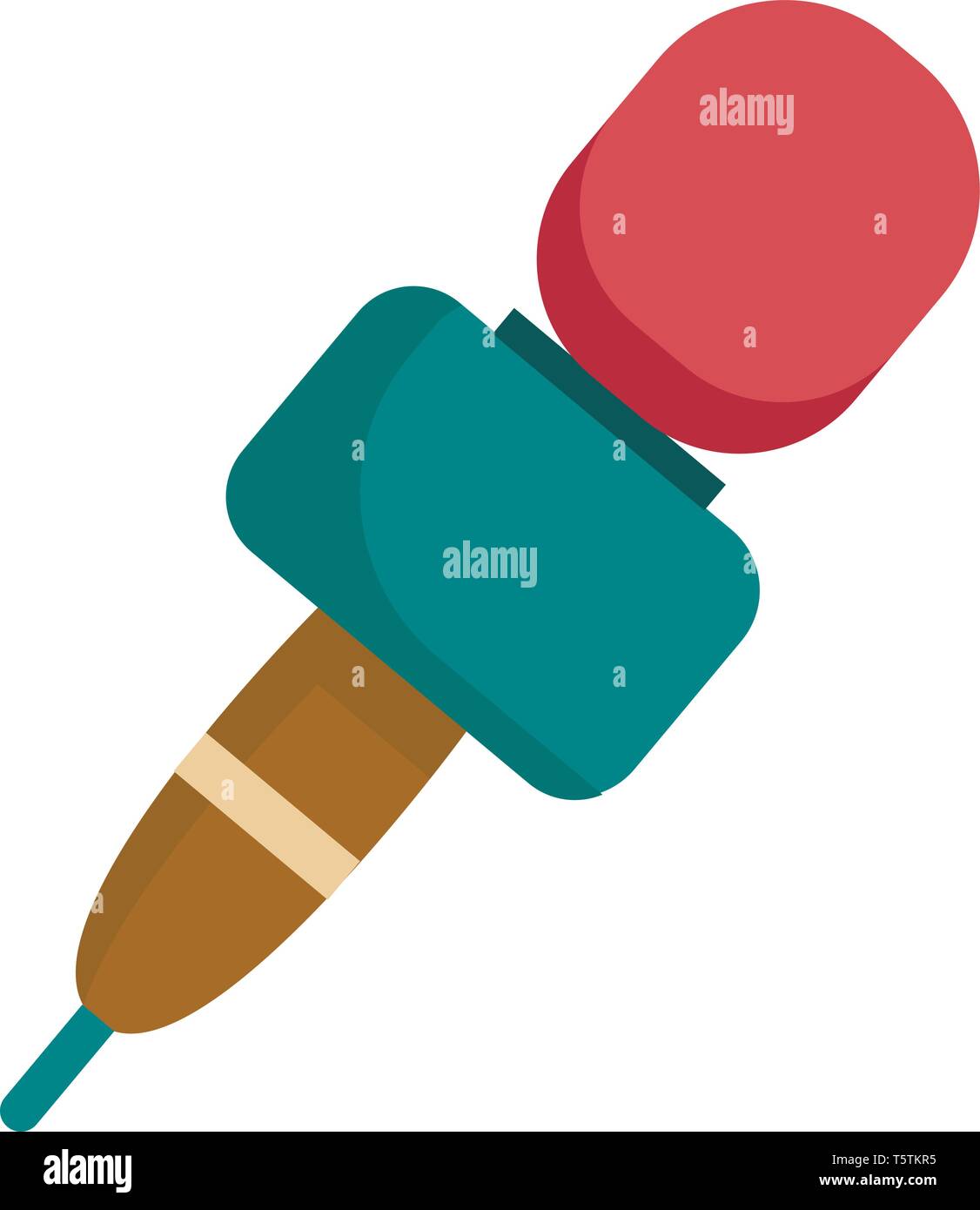 A hand-held colorful reporter microphone in red blue and brown colors ...