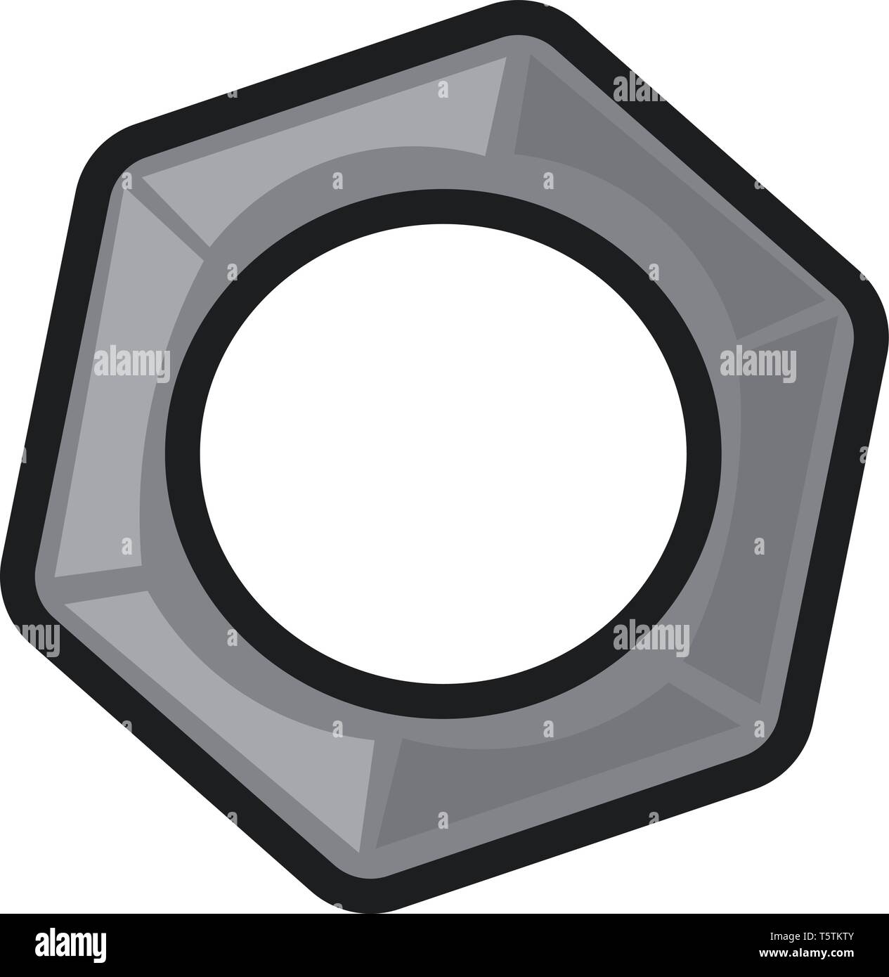 A grey-colored cartoon nut in hexagonal shape with a threaded hole for ...