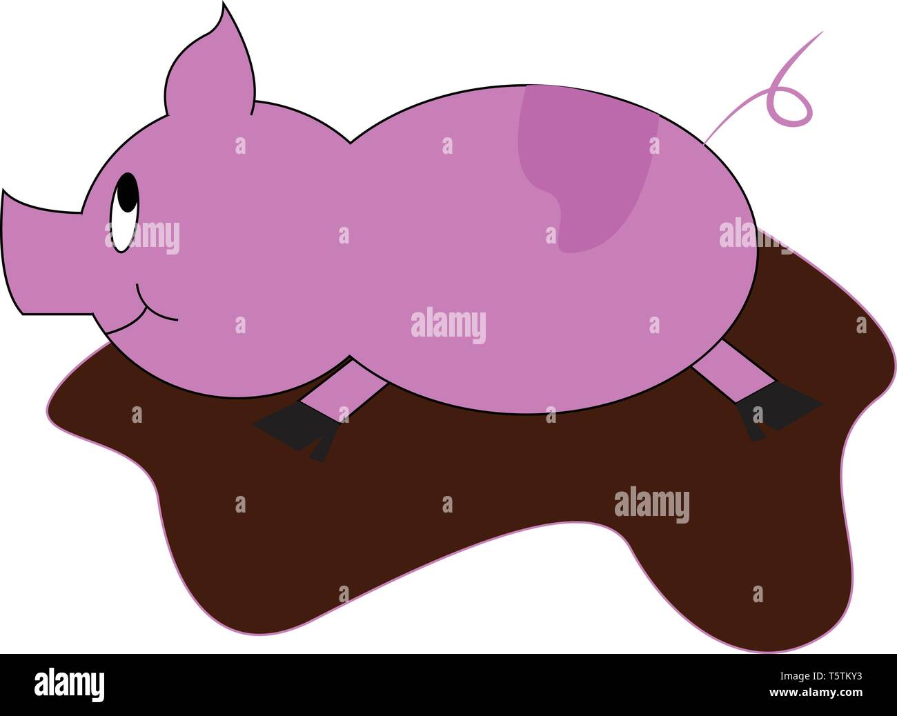 A happy pig purple in color is dancing in the mud with its eyes rolled ...