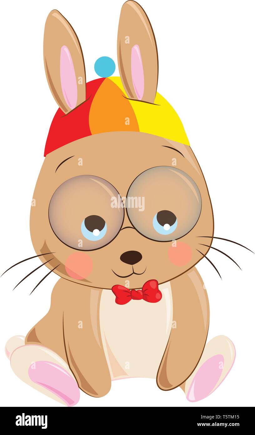 Cartoon of a brown rabbit with a colorful hat with two bulging eyes and ...