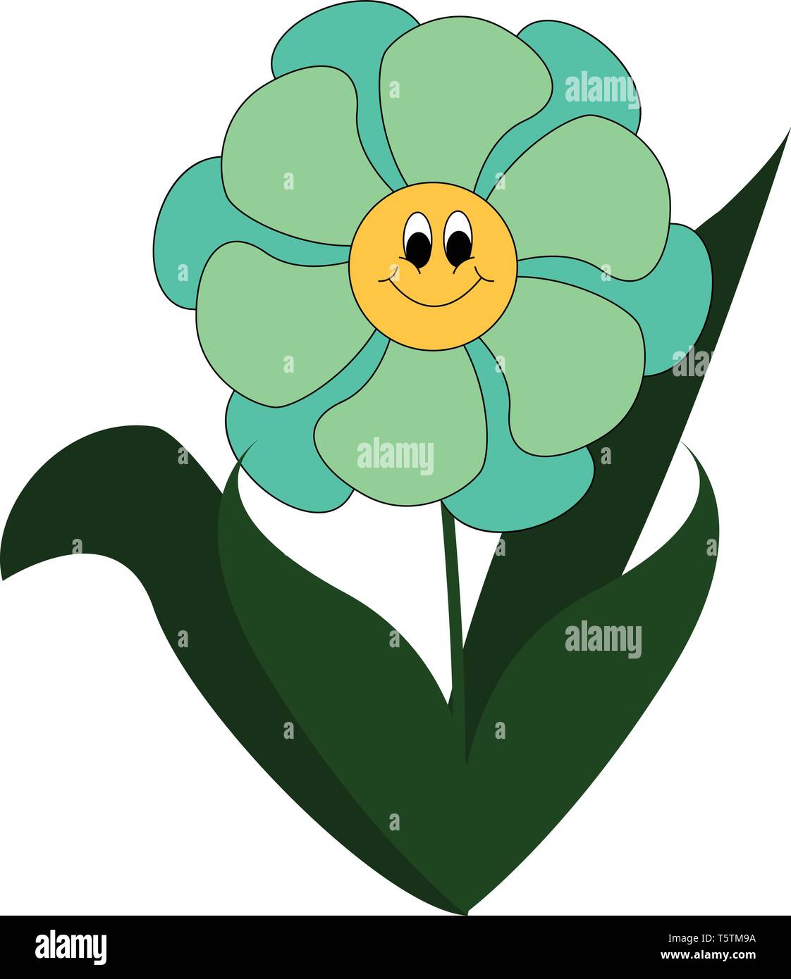 Simple cartoon of a smiling blue flower with green leaves vector ...