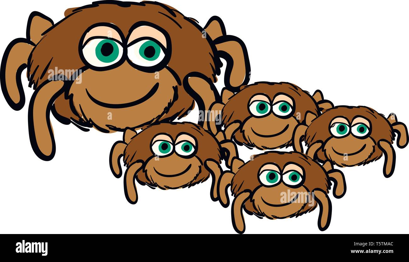 Cute cartoon of a spider mom with her four spider children vector ...