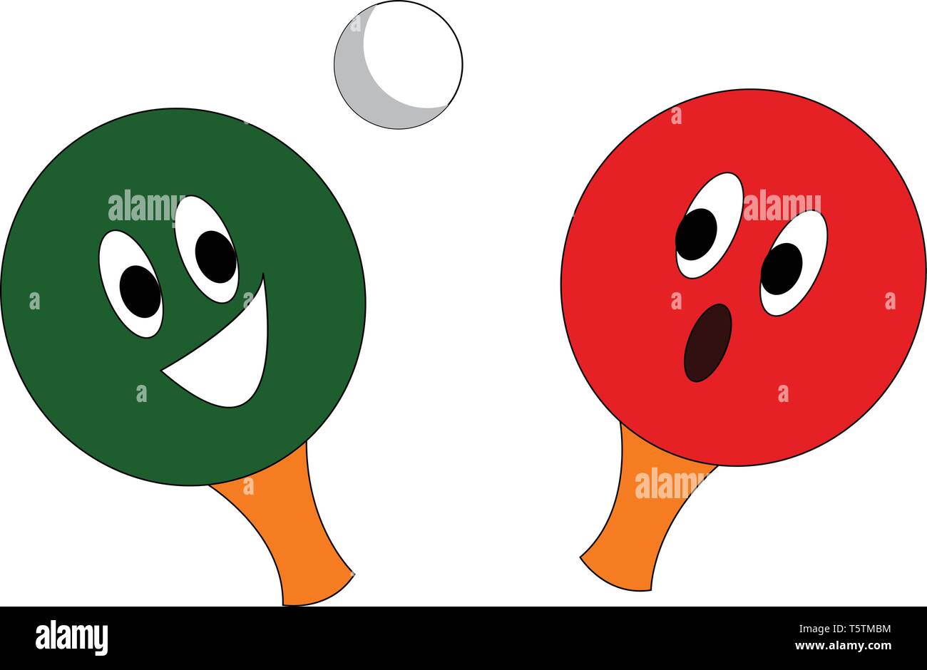 A red and a green table tennis rackets and a white ping pong ball ...