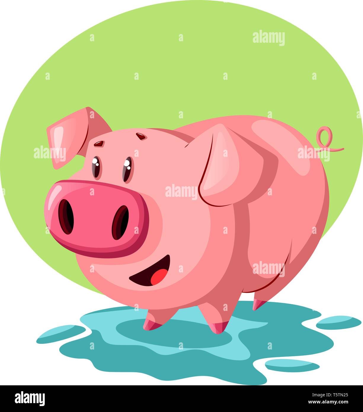 A Pink colored pig with twisted tail standing in green background ...