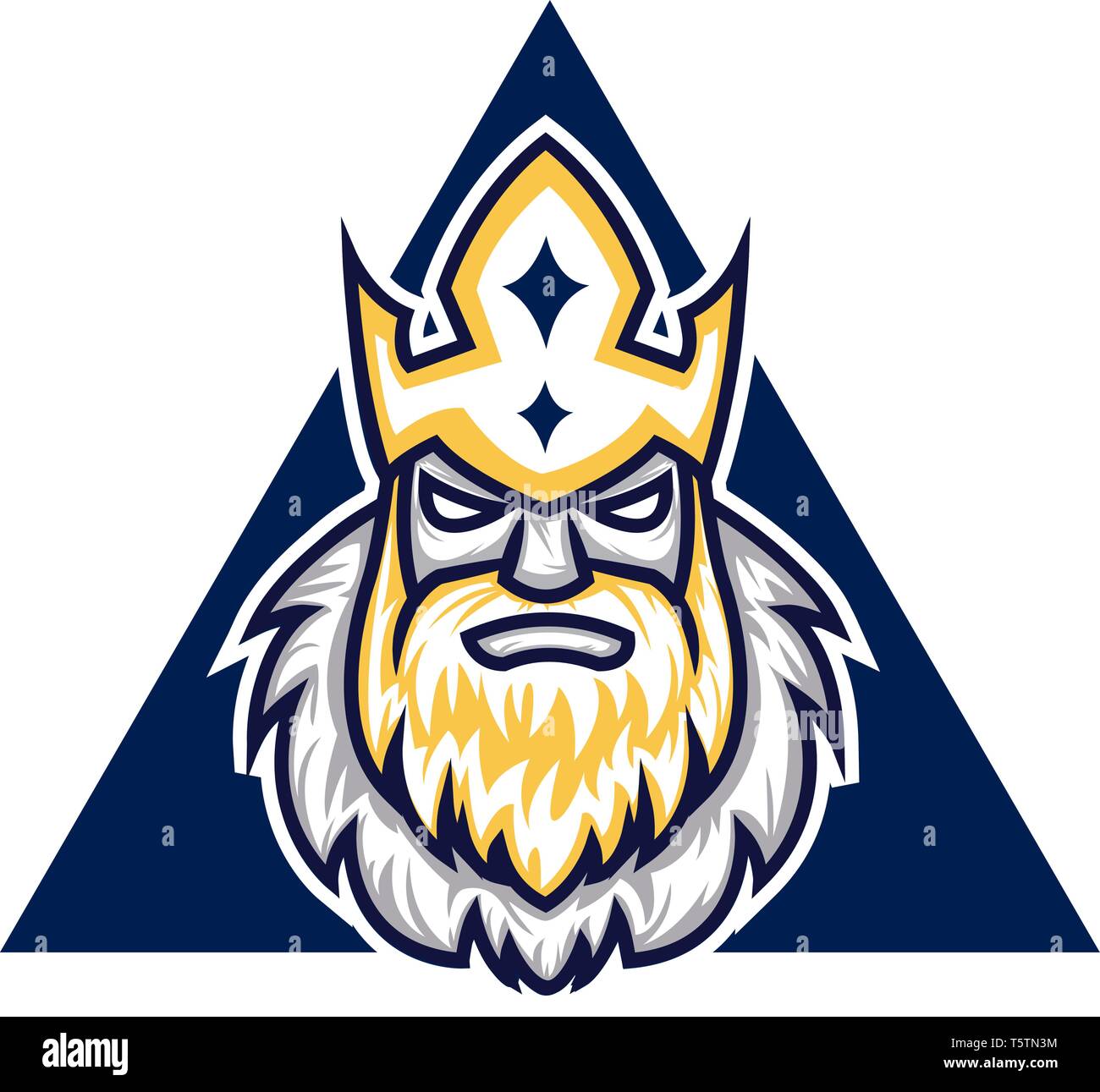 A Warrior face with crown in a blue triangle with yellow beard, vector ...