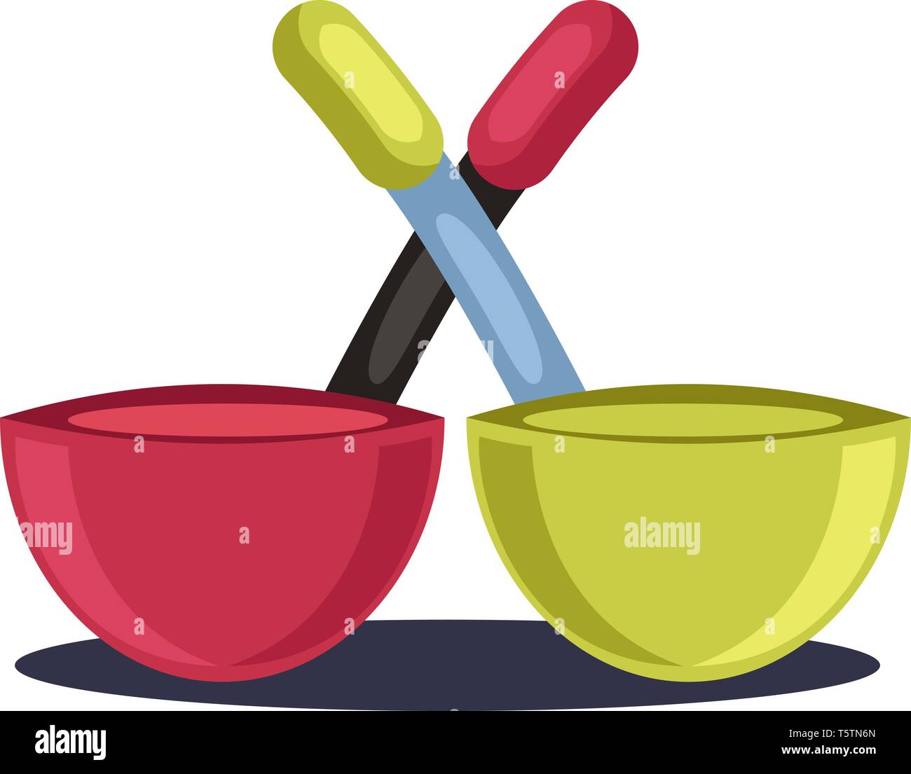 Two cooking pans in bowl shape one in green color and other in red ...