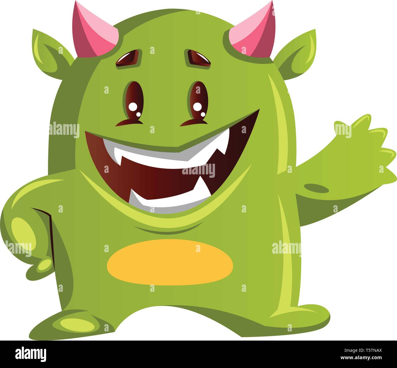 Imaginary green monster with pink horns smiling and waving on white ...