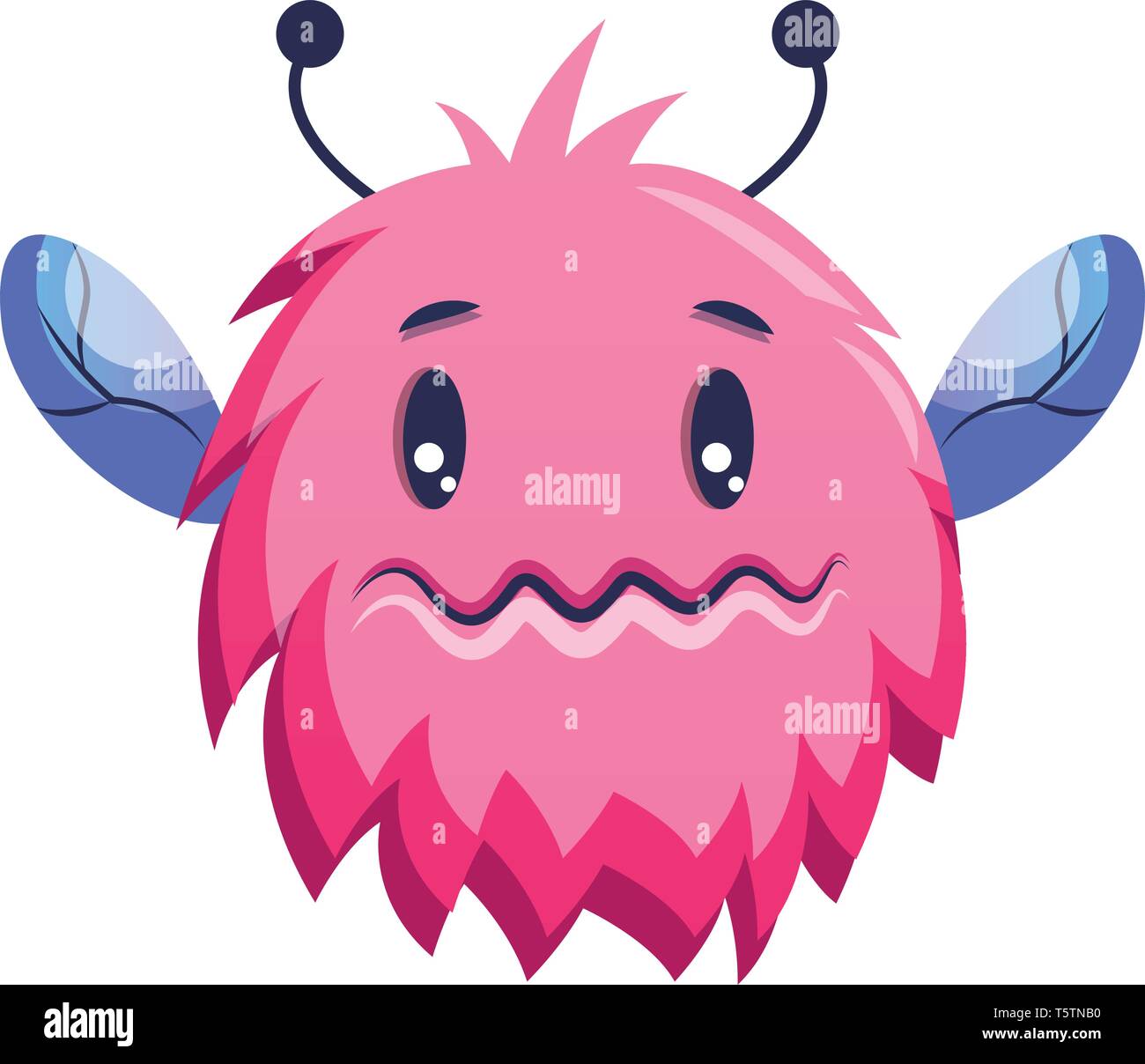 Pink cartoon monster with blue wings looking insecure white background ...