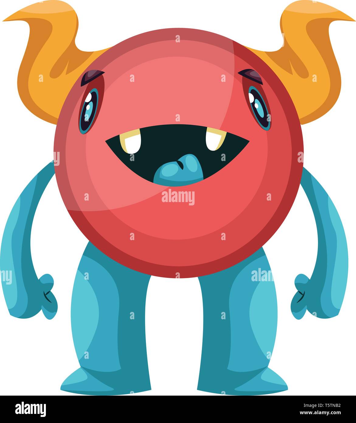 Cute red cartoon monster with blue legs and yellow horns white ...