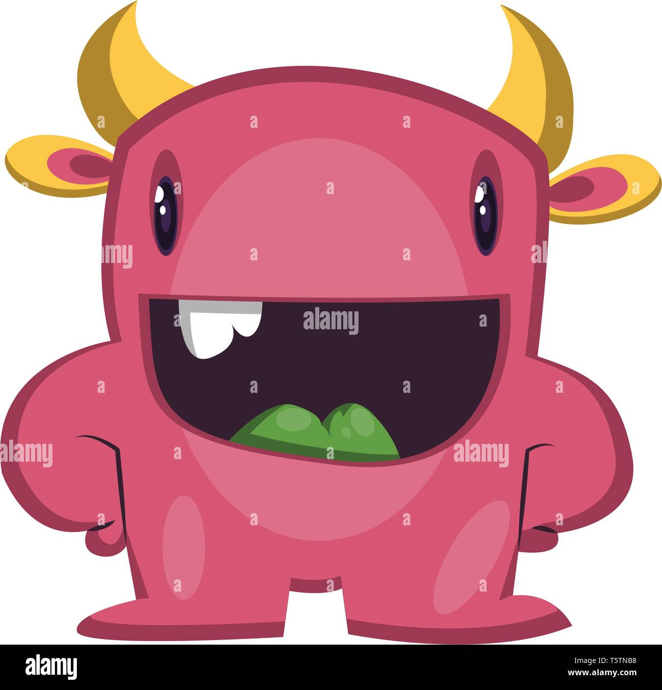 Smiling cartoon monster pink with yellow horns white background vector ...
