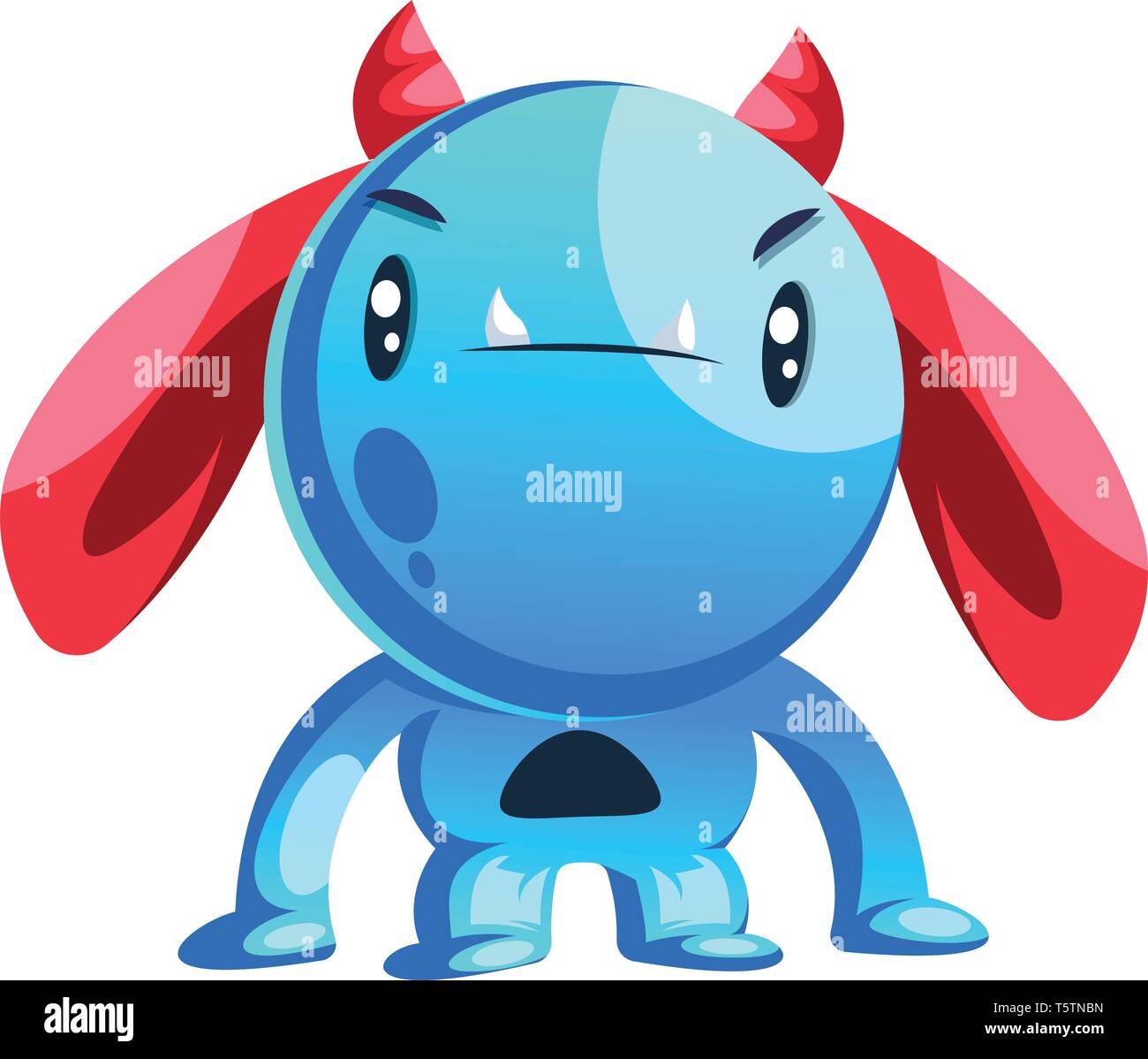 Blue cartoon monster with red ears and horns white background vector ...