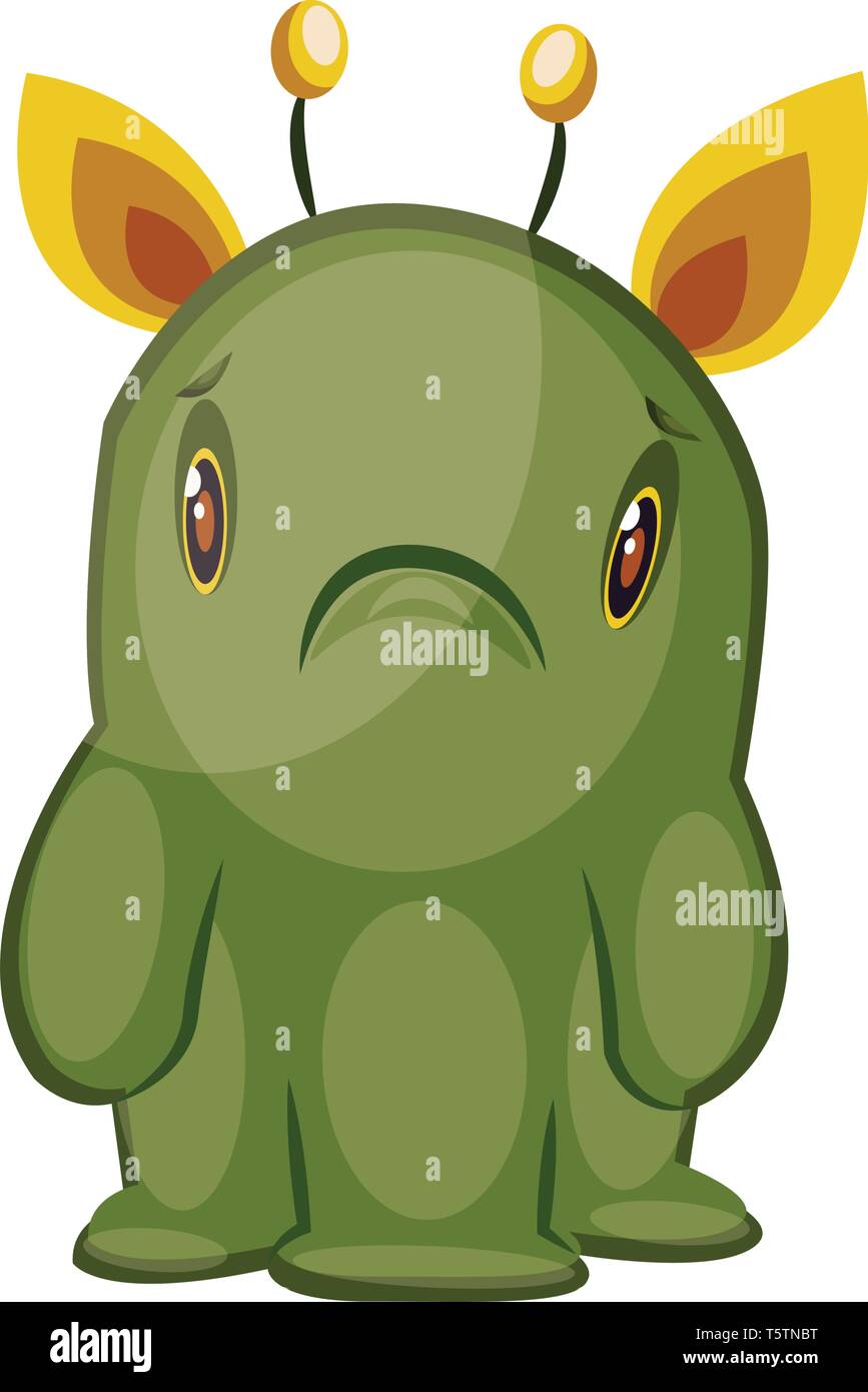 Illustration of sad green monster with yellow ears and three legs white ...