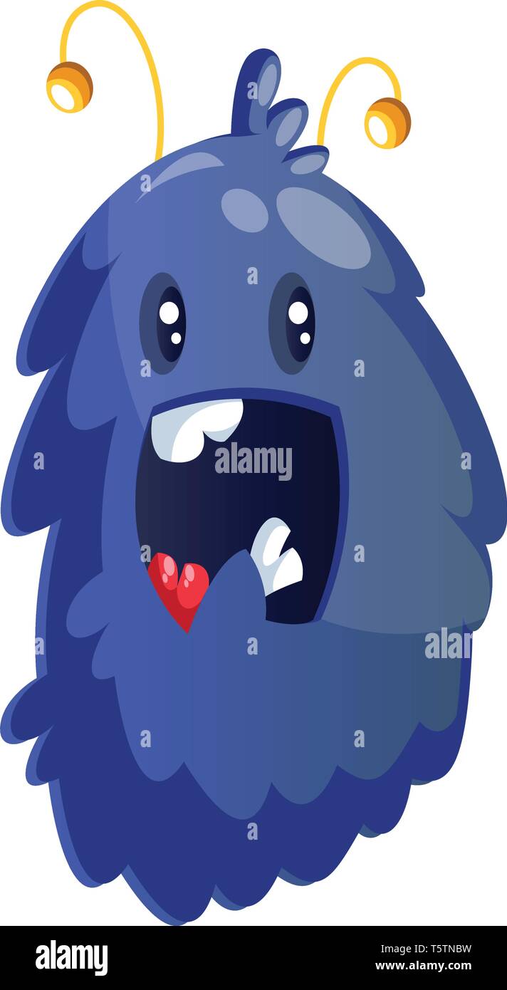 Happy blue furry cartoon monster on white background vector ...
