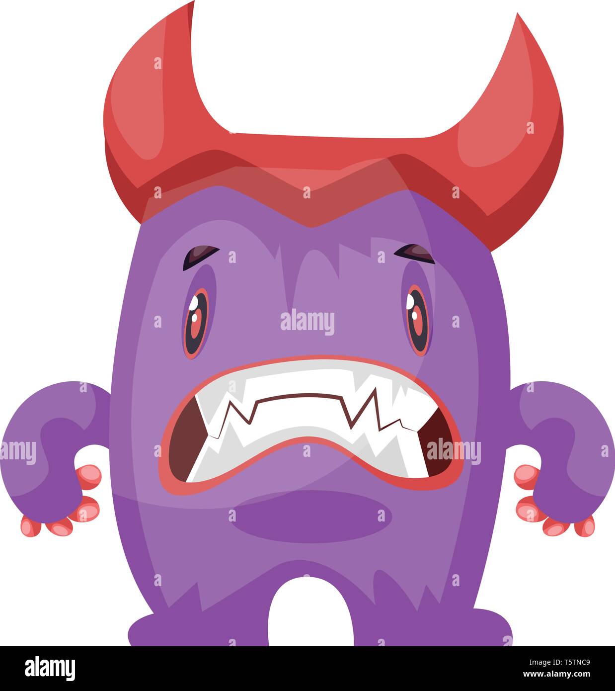 Scared purple monster with big red horns white background vector ...