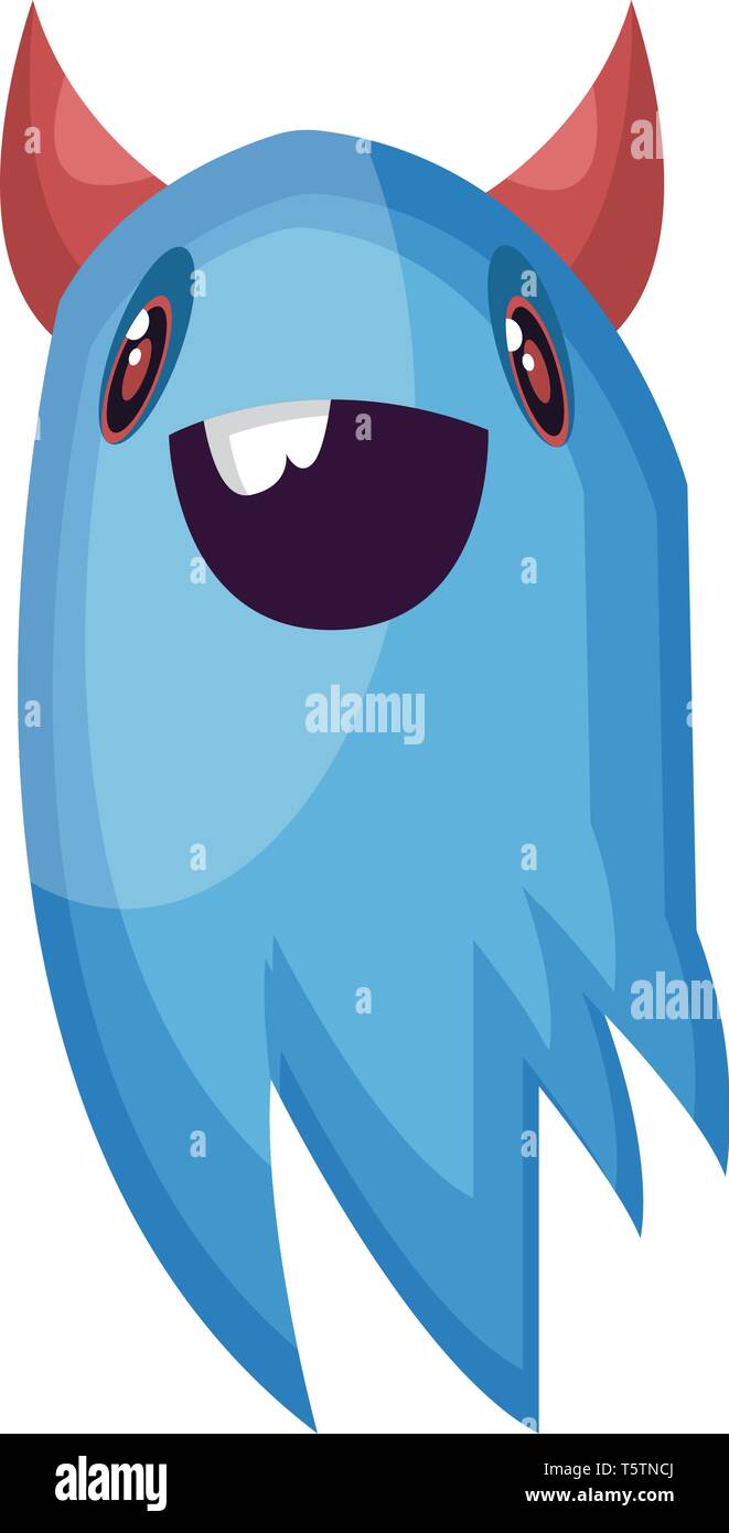 Happy blue ghost cartoon character with big smile and red horns white ...
