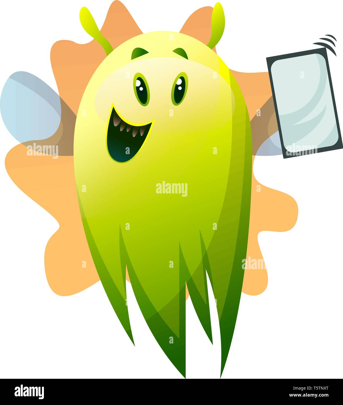 Smiling cartoon green monster with phone vector illustartion on white ...