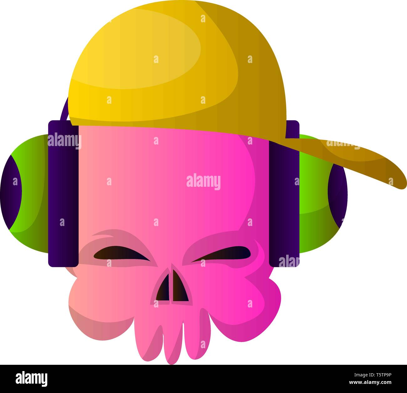Little pink cartoon skul with hat and headphones vector illustartion on ...
