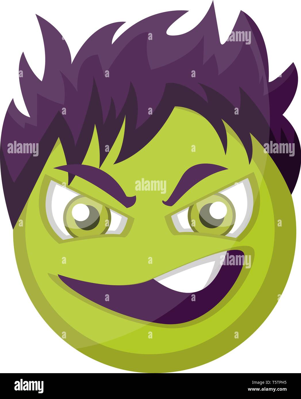 Evil green emoji face with purple hair vector illustration on a white ...