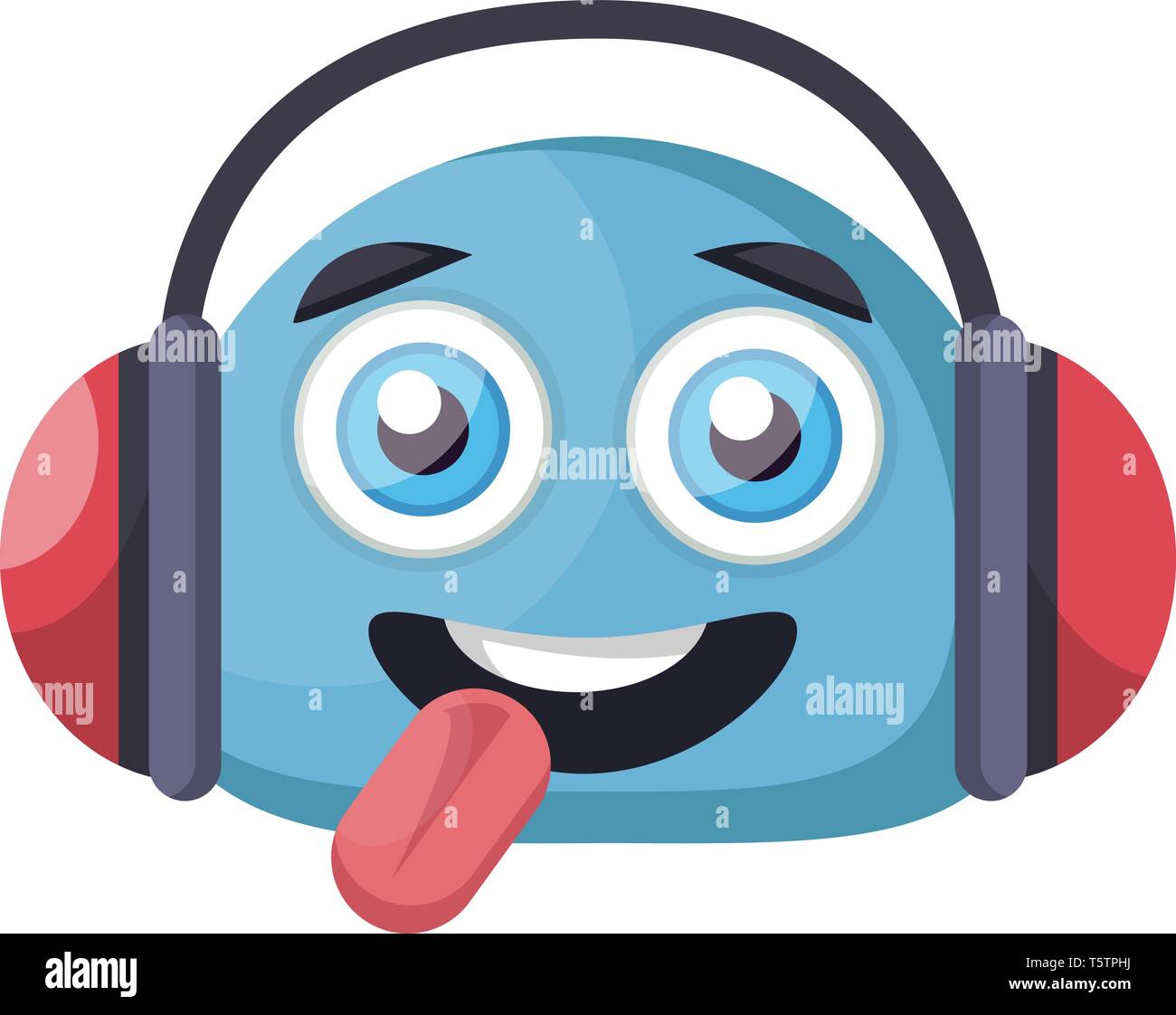 Blue happy emoji face with headphones vector illustration on a white ...